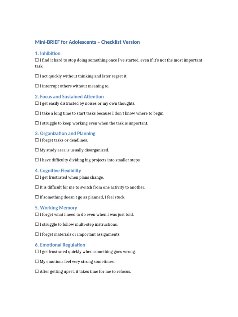 Adolescent Checklist for Focus & Emotions | PDF