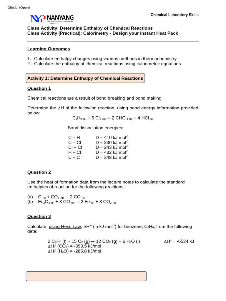 08 Determine Enthalpy of Chemical Reactions | PDF | Calorimetry | Heat