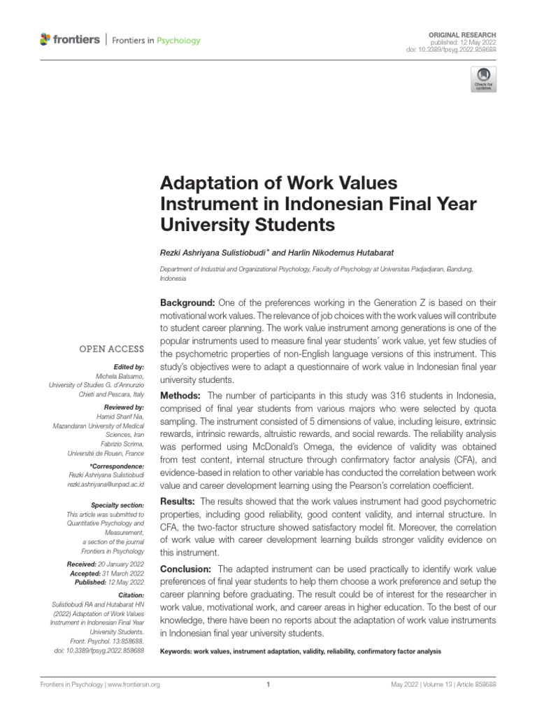 Adaptation of Work Values for Students | PDF | Psychometrics | Factor ...