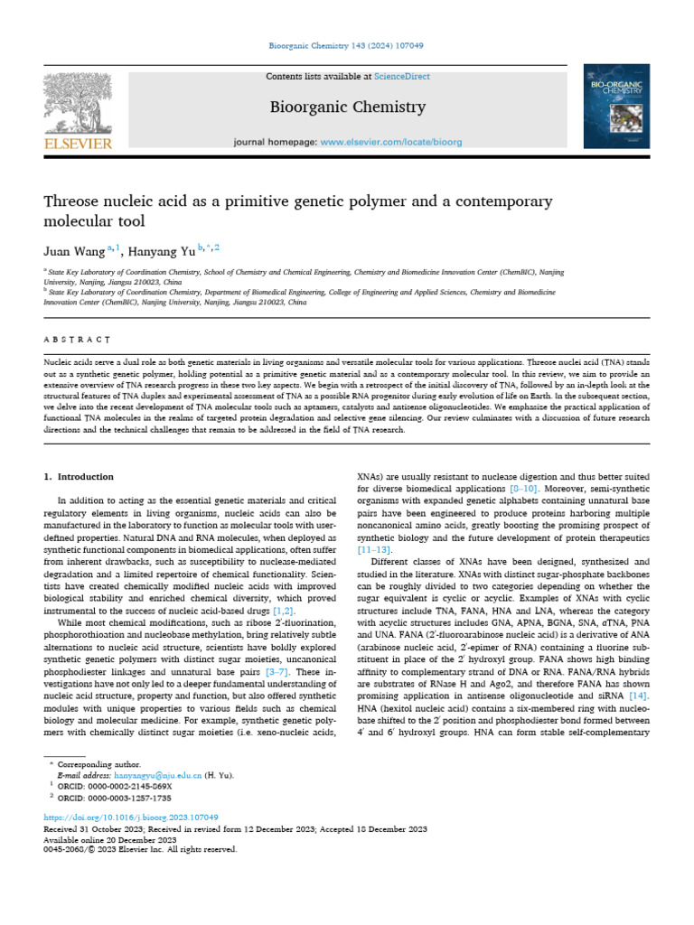 2024 Bioorg Chem Threose nucleic acid as a primitive genetic polymer ...