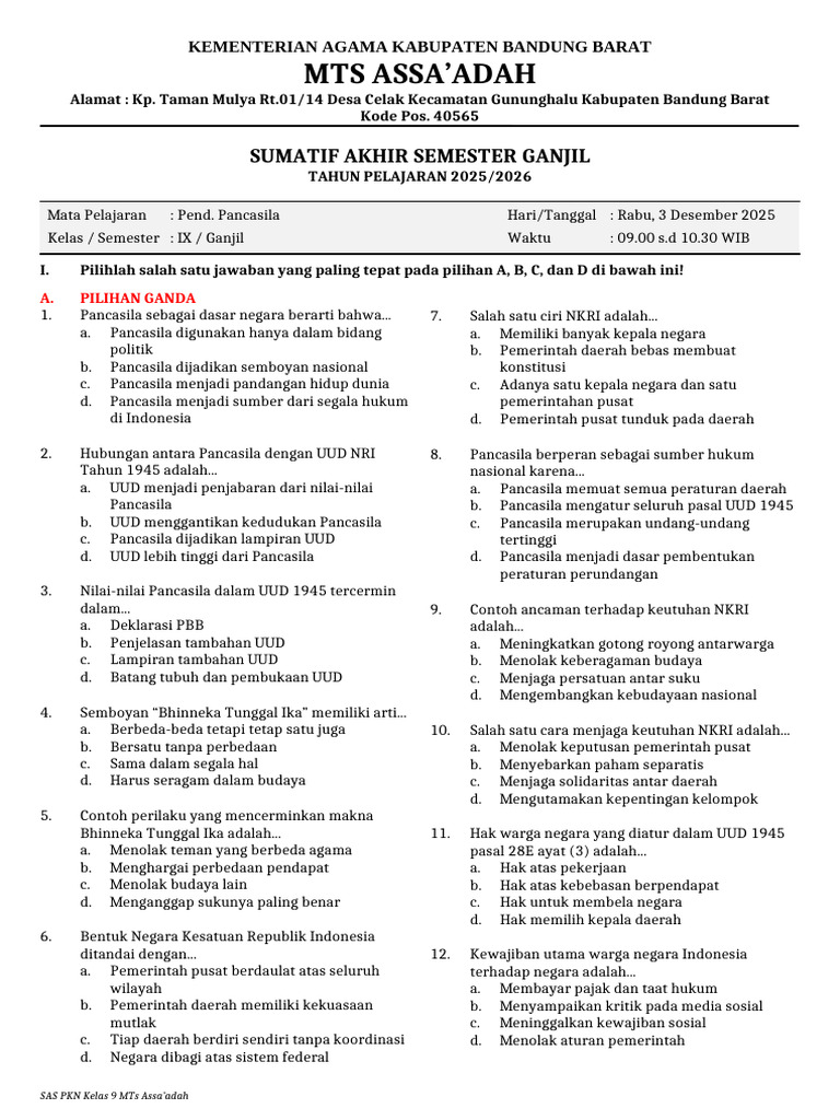 Soal PAS PKN Kelas 9 2025-2026 | PDF