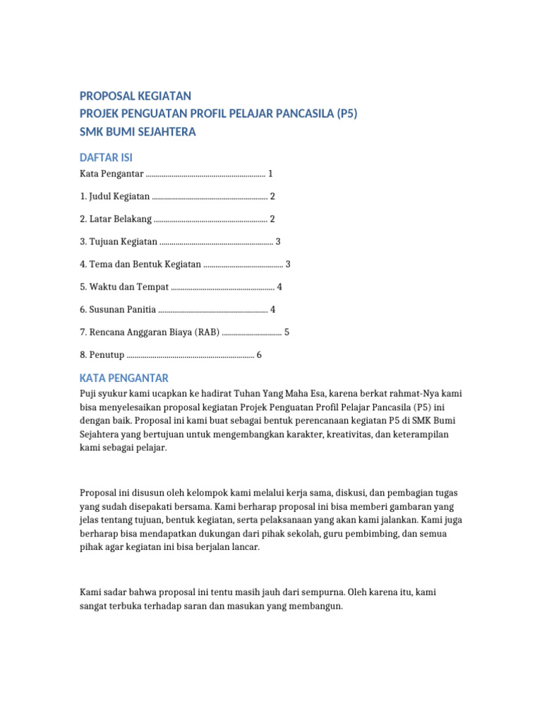 Proposal p5 Smk Bumi Sejahtera Lengkap | PDF