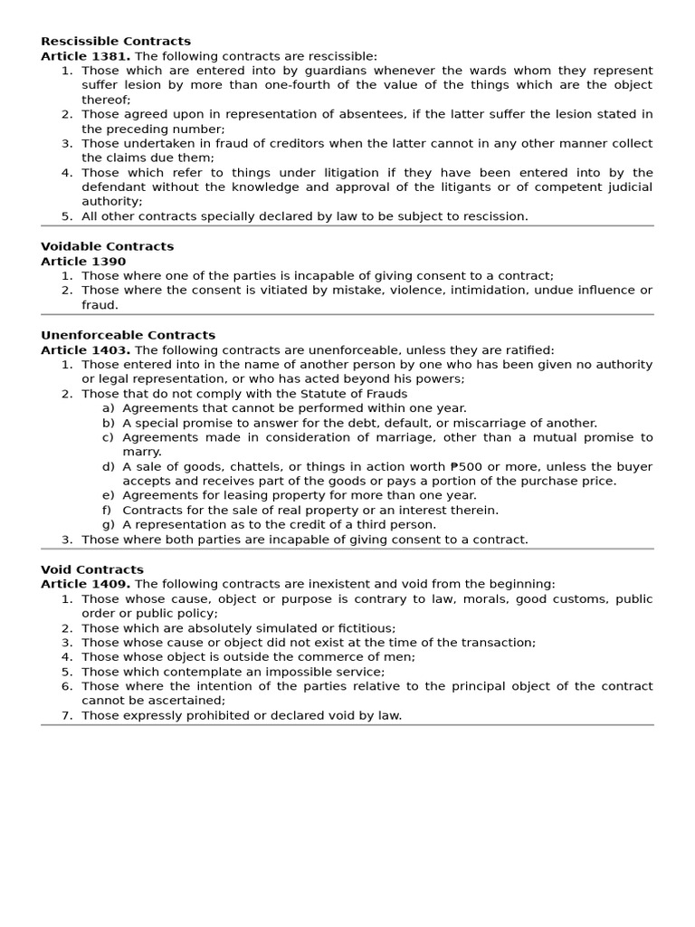 Types of Rescissible and Void Contracts | PDF | Justice | Crime & Violence