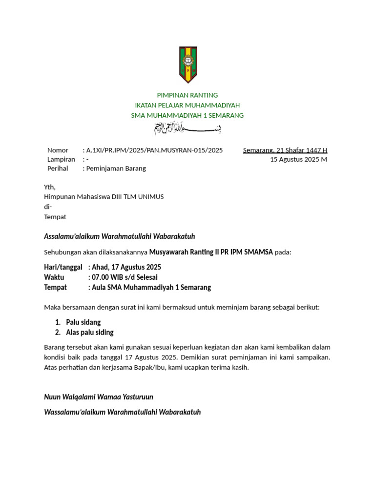 Surat Peminjaman Barang Musyawarah IPM | PDF