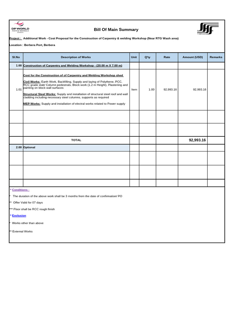 #01. Cost Proposal for the Construction of Carpentry & Welding Workshop, Berbera Port | PDF ...