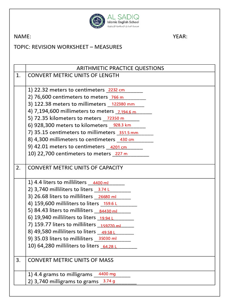 Metric Conversion Practice Worksheet | PDF | Litre | Kilogram