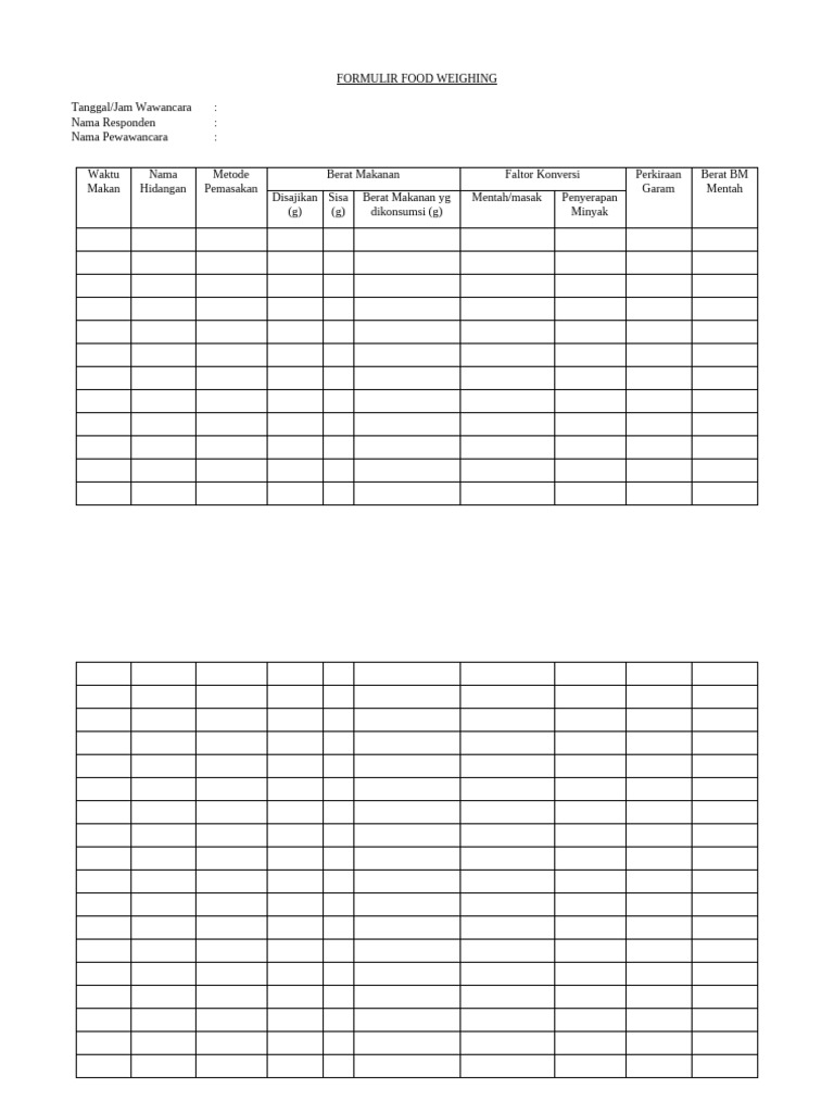 Formulir Food Weighing & Ffq | PDF