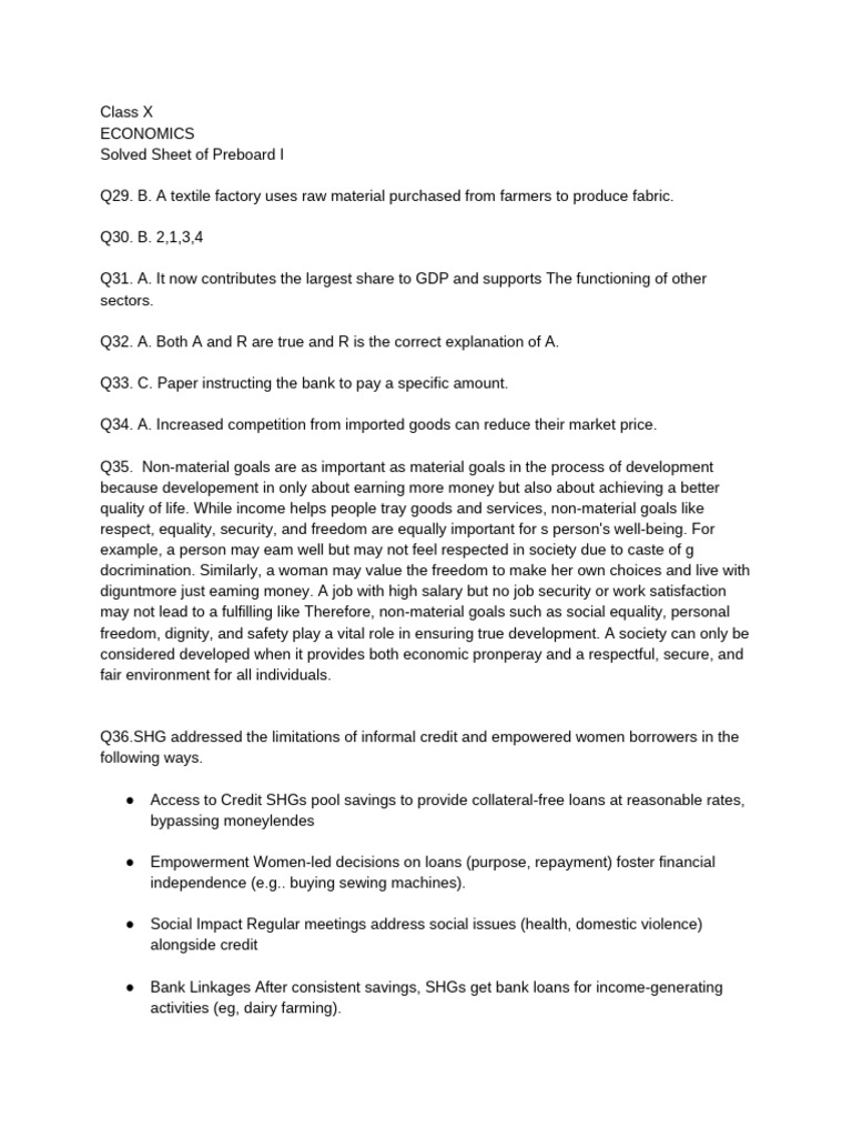 Class X- Economics,Solved Sheet | PDF | Employment | Credit