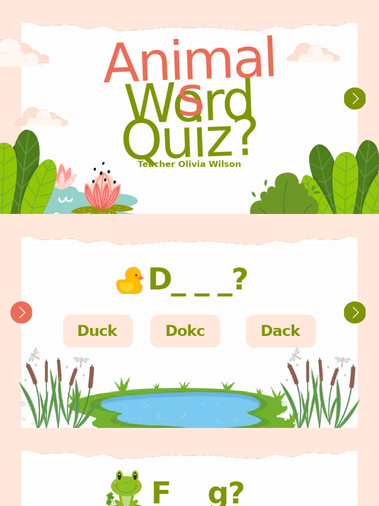 Animals Word Quiz Presentation in Green and Pink Illustrative Style | PDF
