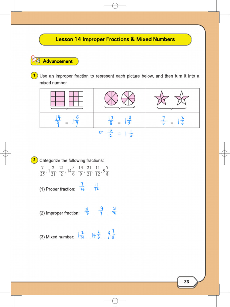 【Workbook答案】Lesson 14 Improper Fractions and Mixed Numbers | PDF