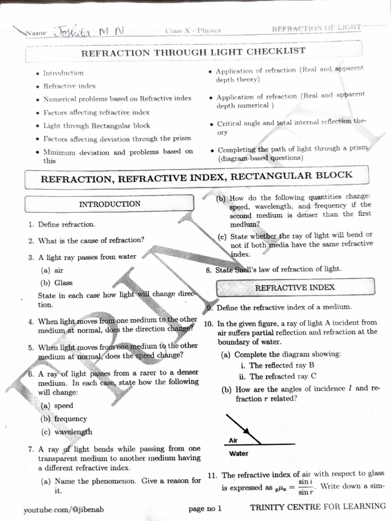 Physics Refraction Worksheet | PDF