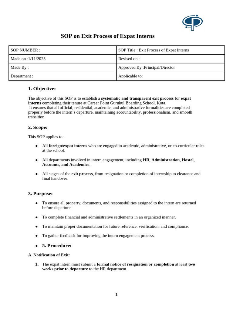 Expat Intern Exit Process SOP | PDF | Travel Visa