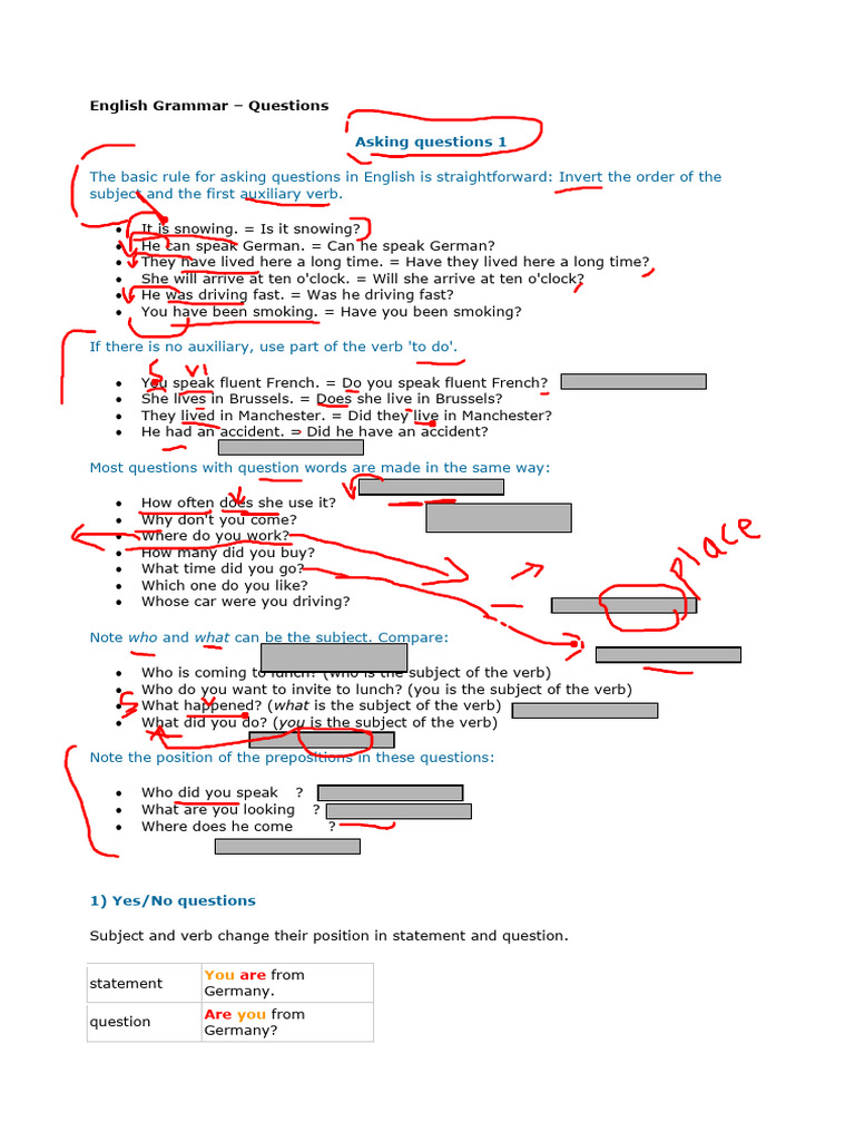Question Formation Rules -With Notes | PDF | Subject (Grammar) | Verb