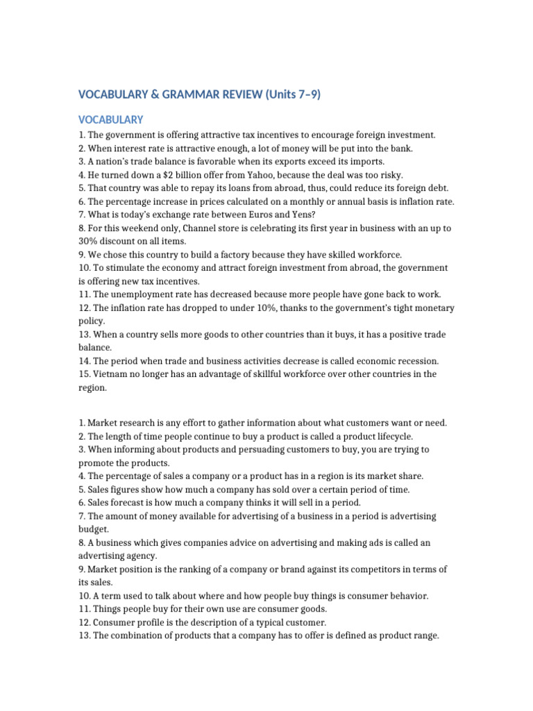 Vocabulary Grammar Units 7 8 9 | PDF | Inflation | Advertising