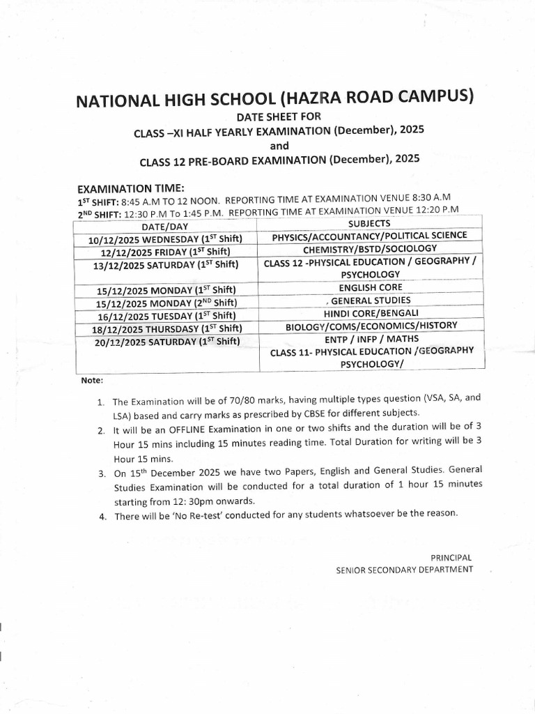 Date Sheet Class 12 Pre Board and Class 11 Half Yearly Examination ...