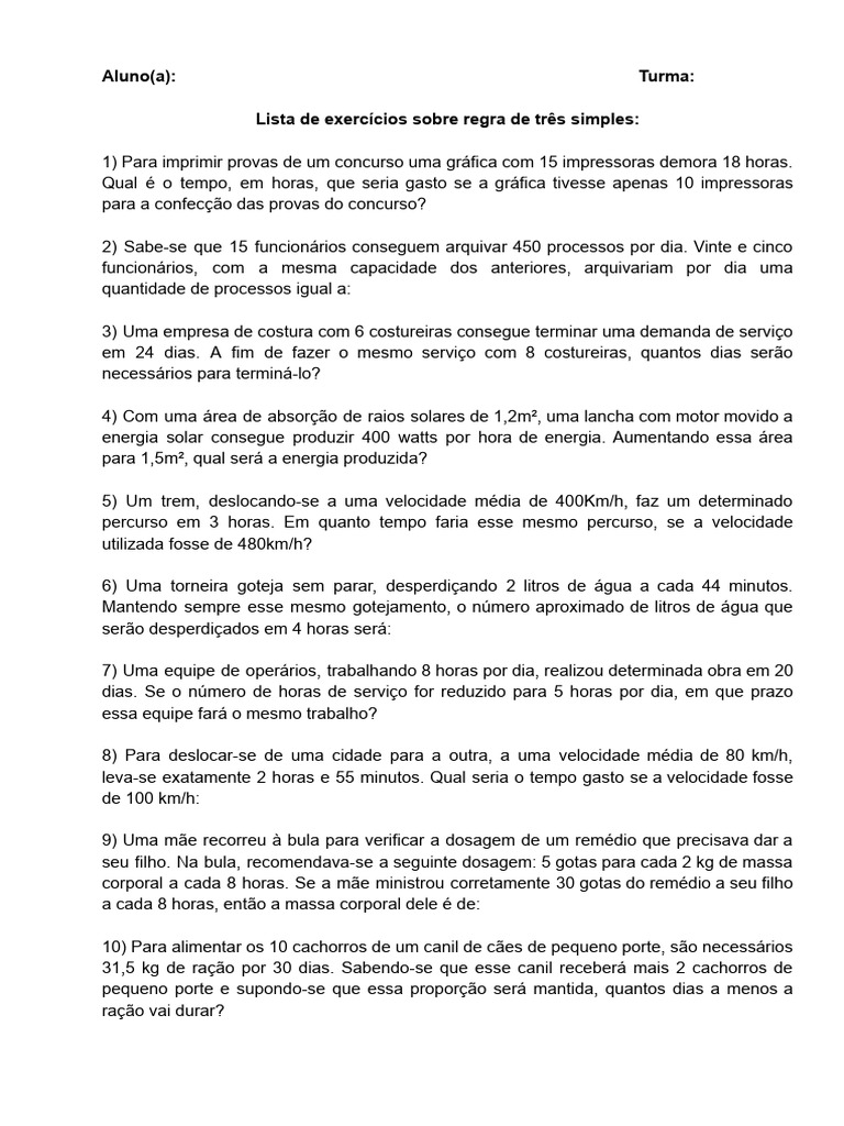 Aula- Lista de Exercícios Sobre Regra de Três Simples | PDF
