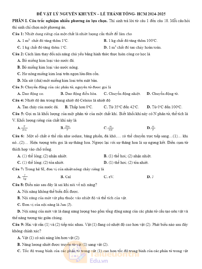 4. Đề Thi Thử Tốt Nghiệp THPT 2025 Môn Vật Lí - THPT Nguyễn Khuyến - Lê Thánh Tông - TP.hcm - Đề ...