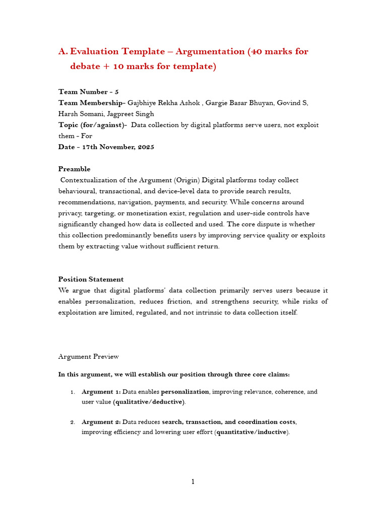 Data Collection Benefits Users: Argumentation Template | PDF | Data | Risk