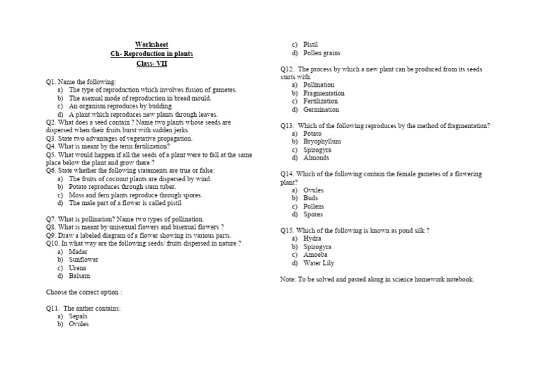 Plant Reproduction Worksheet for Class VII | PDF | Flowers | Plants