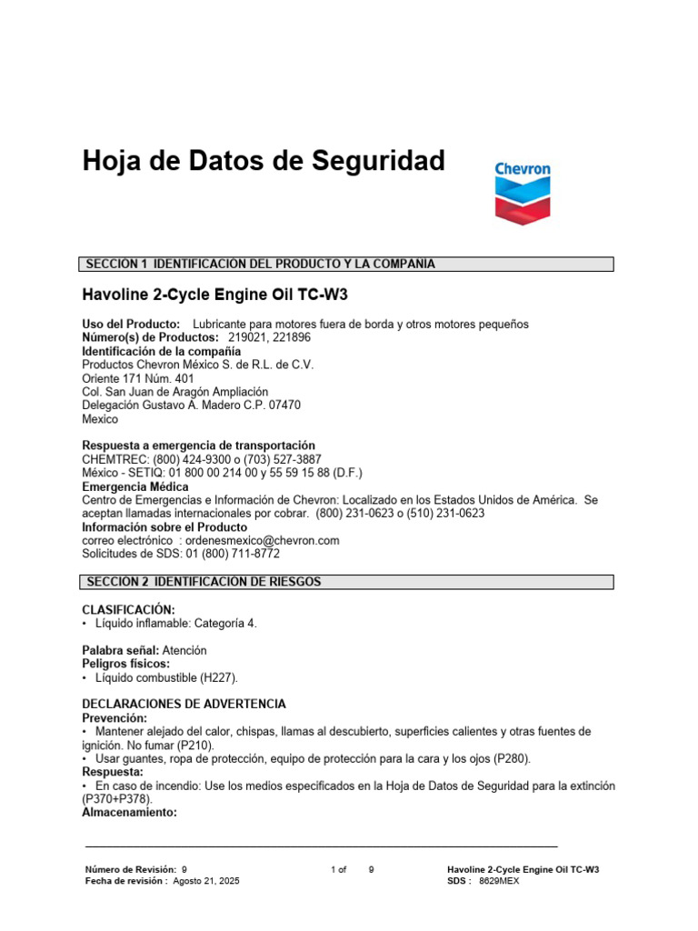 HDS LUBRICANTE Havoline 2-Cycle Engine | PDF | Toxicidad | Combustión