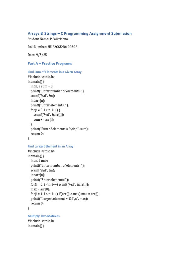 Arrays Assignment Submission | PDF | Matrix (Mathematics) | Computing