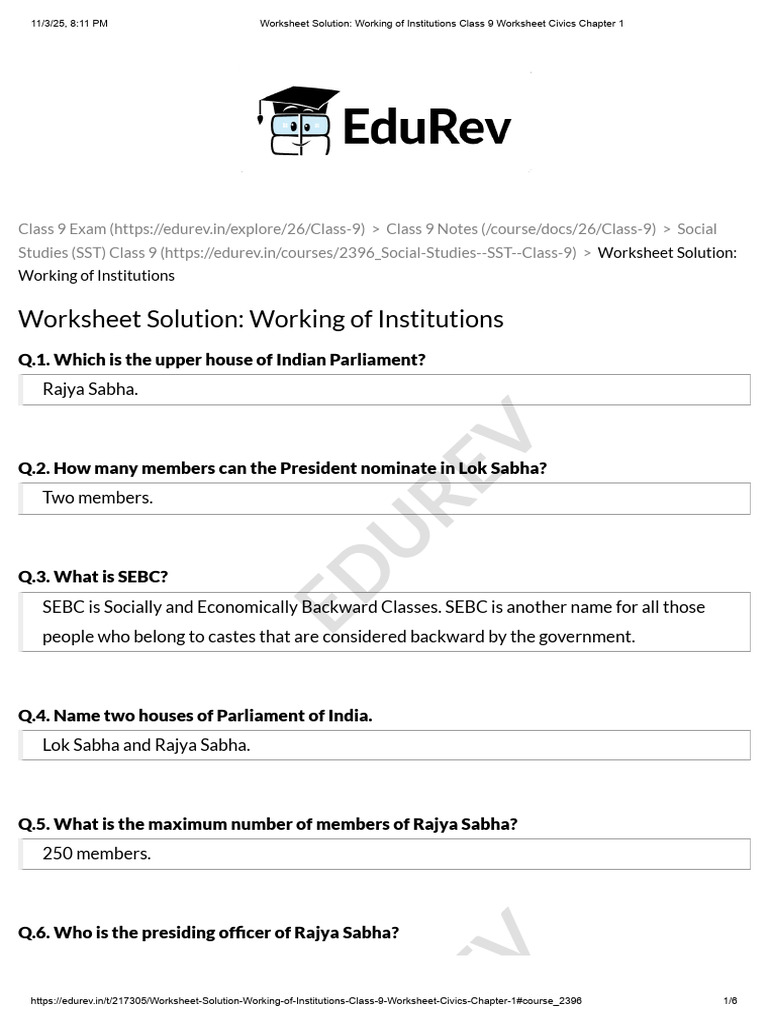 Class 9 SST Worksheet: Institutions | PDF | Government | Governance