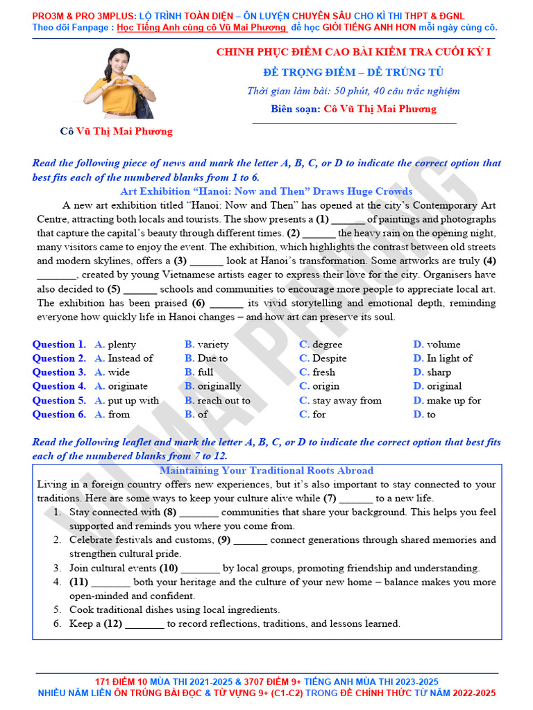 [ Cô Vũ Mai Phương ] Ôn thi cuối học kì 1 lớp 12 môn Tiếng Anh_Đề trọng điểm - Đề số 01 | PDF ...