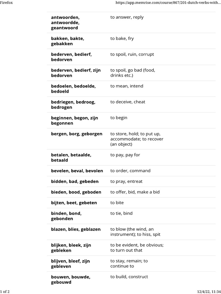 Level 1-1-25 - 201 Dutch Verbs With Past Tense - Memrise | PDF