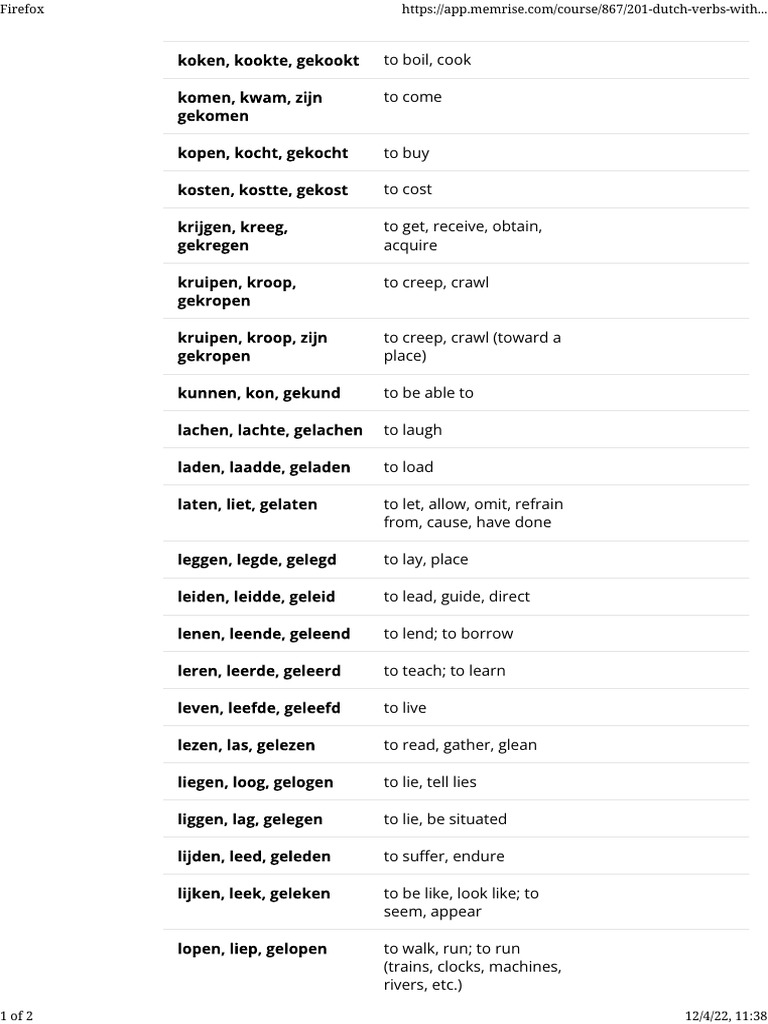 Level 4-76-100 - 201 Dutch Verbs With Past Tense - Memrise | PDF