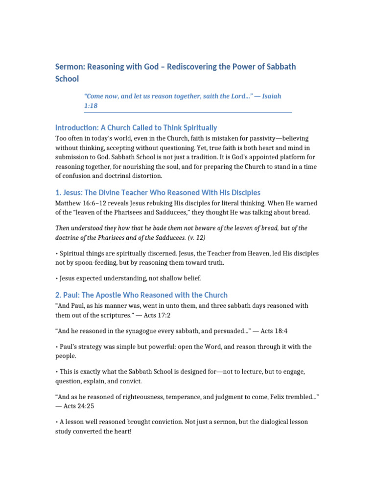 Sermon Reasoning With God Sabbath School | PDF | Jesus | Paul The Apostle