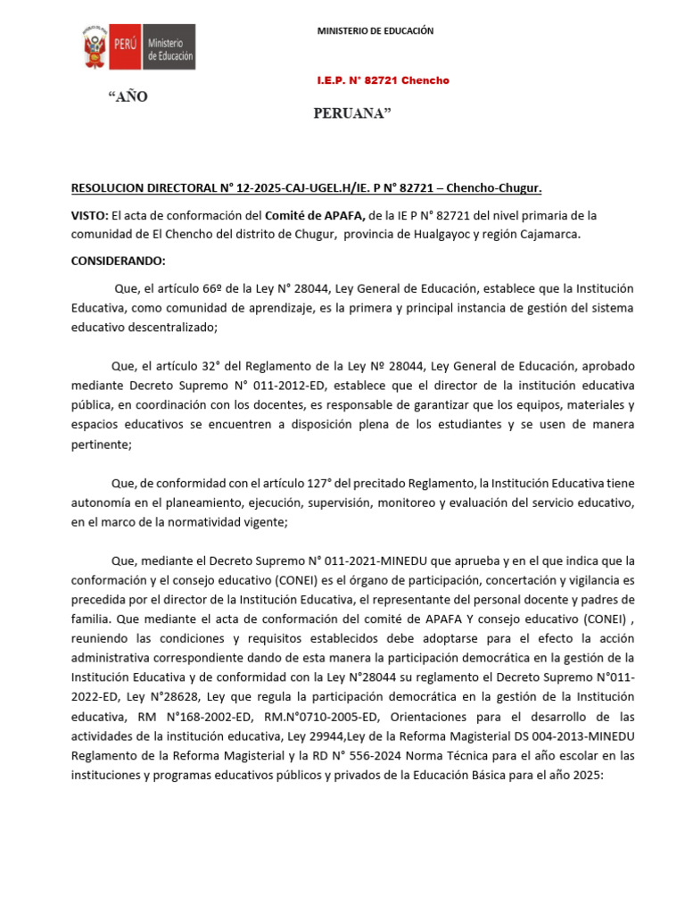 Resolución de Apafa - Conei - 2025 Chencho Primaria | PDF