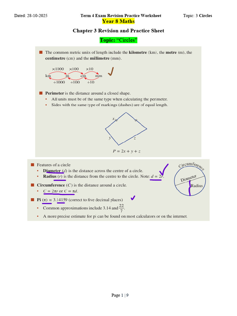 Y8 Topic 3 Circles Revision Practice Sheet (4!11!2025) | PDF
