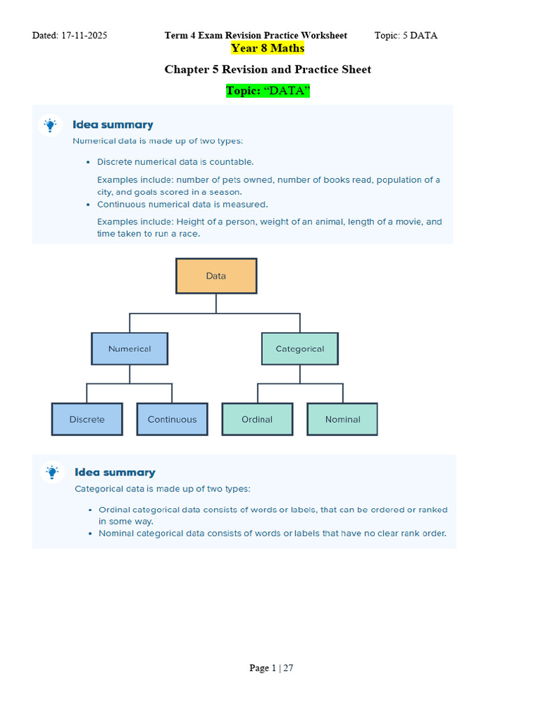 Y8 Topic 5 Data-1 Revision Practice Sheet | PDF | Worksheet