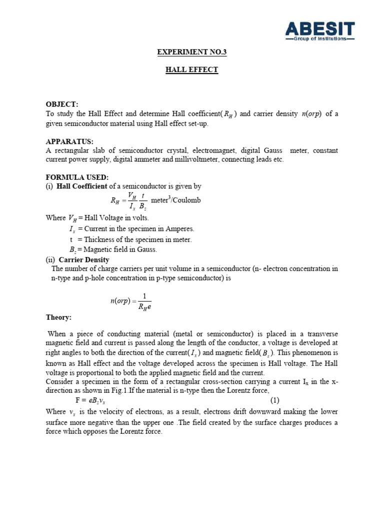 Hall Effect Experiment: Coefficient & Density | PDF | Electric Current ...