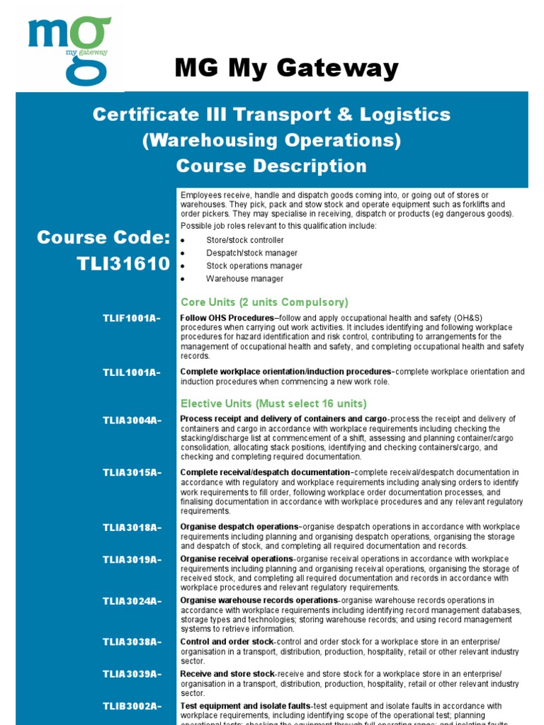 Cert III Transport & Logistics (Warehousing Operations) | PDF ...