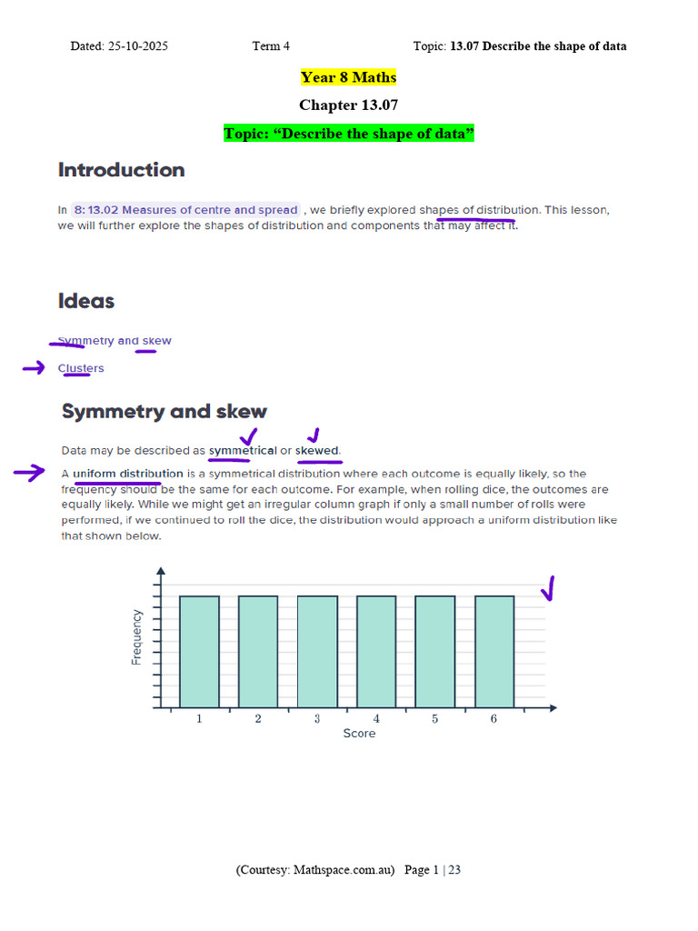 Describe Data Shapes in Year 8 Maths | PDF