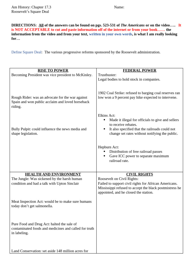 Roosevelt's Square Deal Overview | PDF | Theodore Roosevelt | The ...
