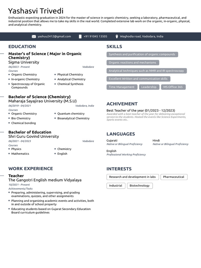 Yashasvi Trivedi Resume | PDF | Chemistry | Organic Chemistry