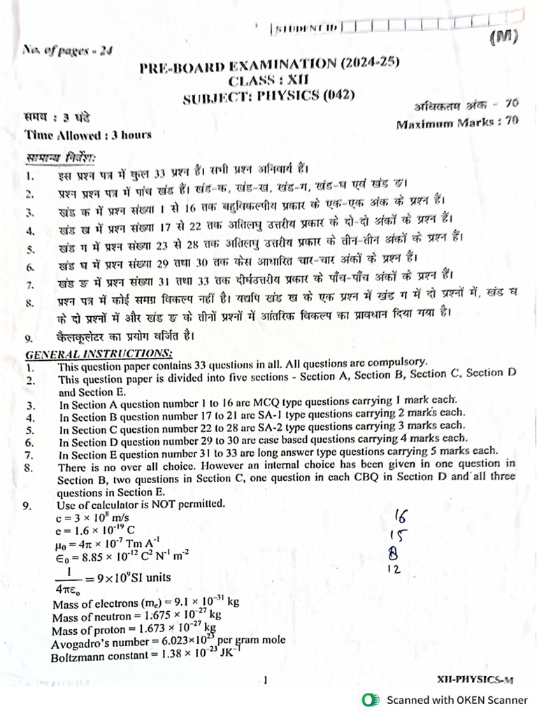 Class 12 Physics Pre Board Question Paper 2024 | PDF