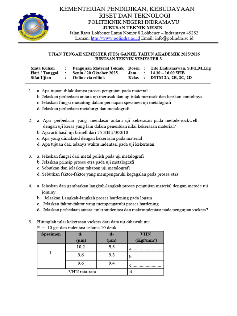 UTS Pengujian Material Teknik 2025 | PDF