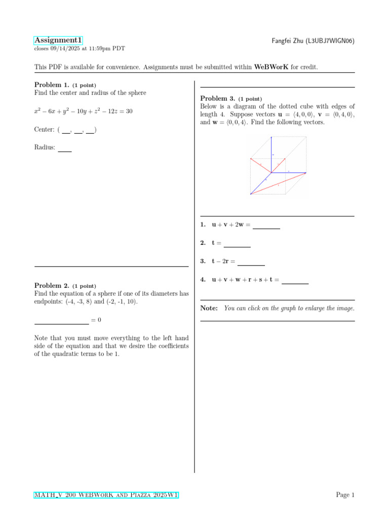 2025W1 V MATH V 200 WeBWorK and Piazza 2.L3UBJ7WIGN06.Assignment1 | PDF ...