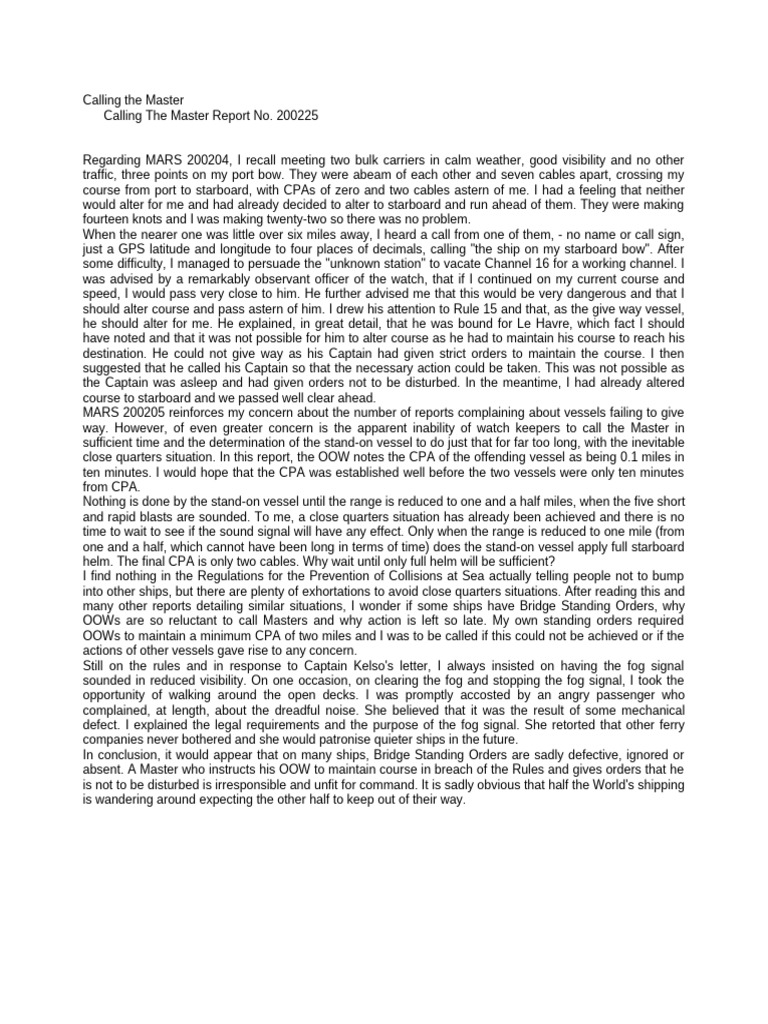 Navigating Close Quarters: Master Report Insights | PDF | Maritime ...