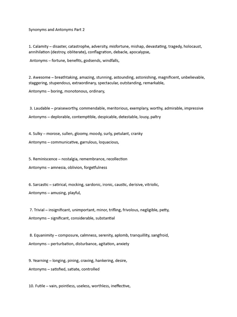 Synonyms and Antonyms List Part 2 | PDF