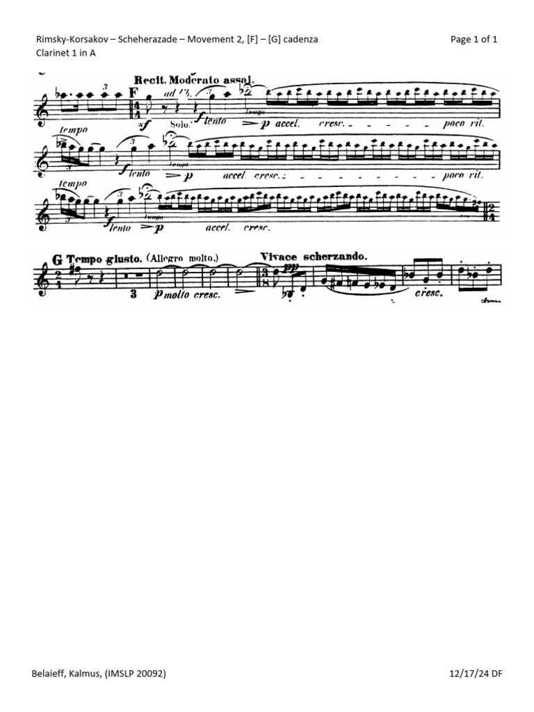 Clarinet 1 - Rimsky-Korsakov - Scheherazade - Movement 2, (F) - (G ...