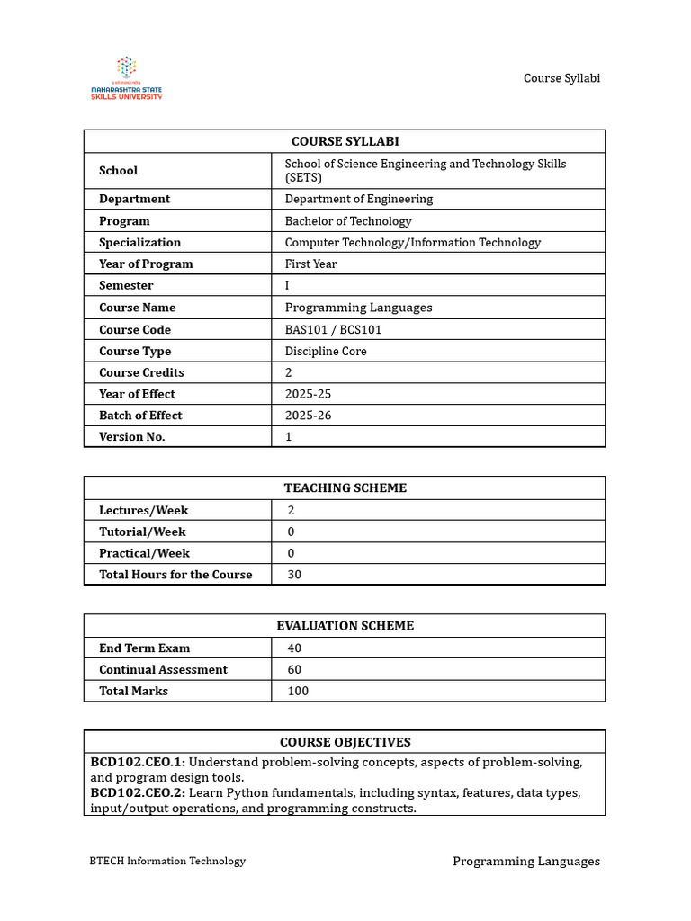 2 BTECH IT SEM 1 Programming Language (2025-26) .Docx-1 | PDF | Object ...