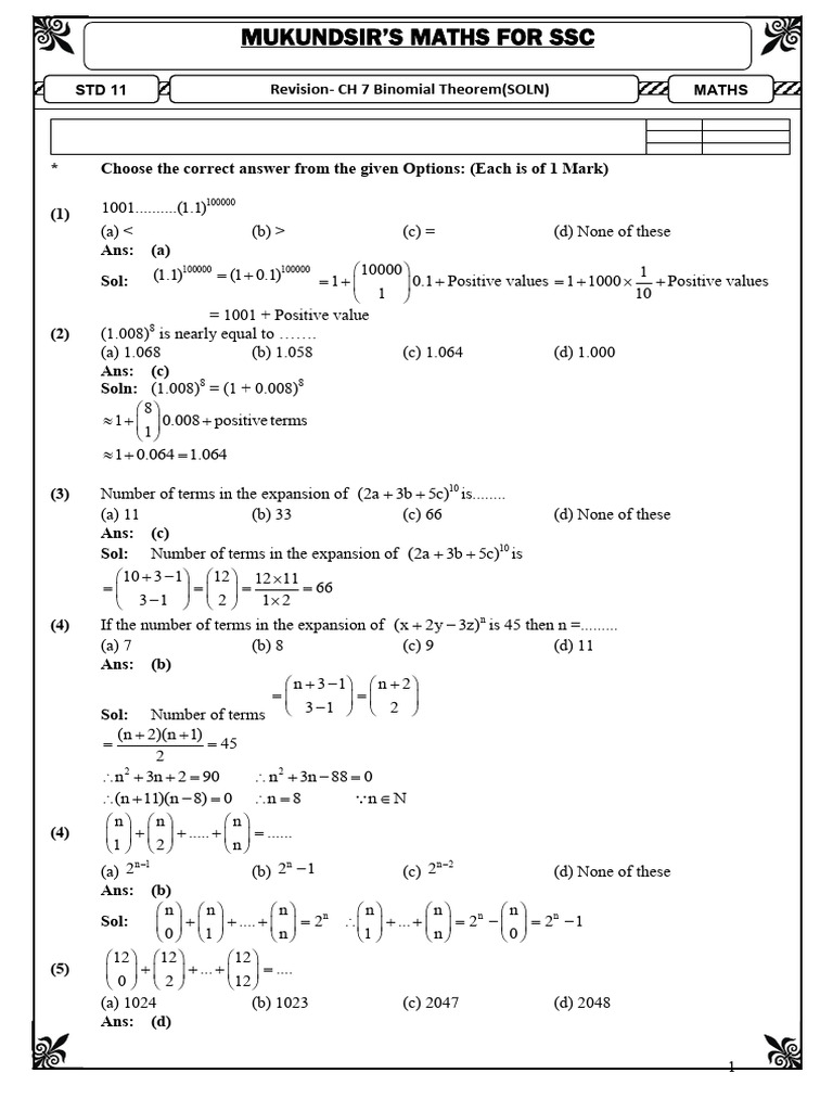 SOLN CH 7 Binomial Theorem ( Revision Soln ) | PDF | Mathematics ...