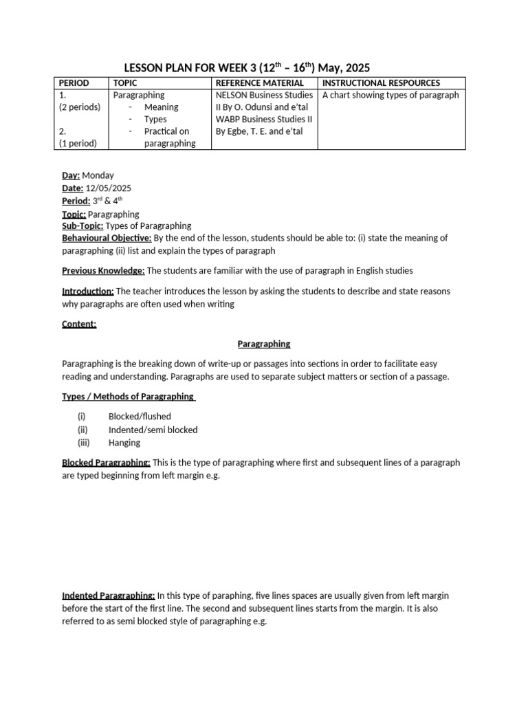 Lesson Plan for Week 3 | PDF | Paragraph | Lesson Plan