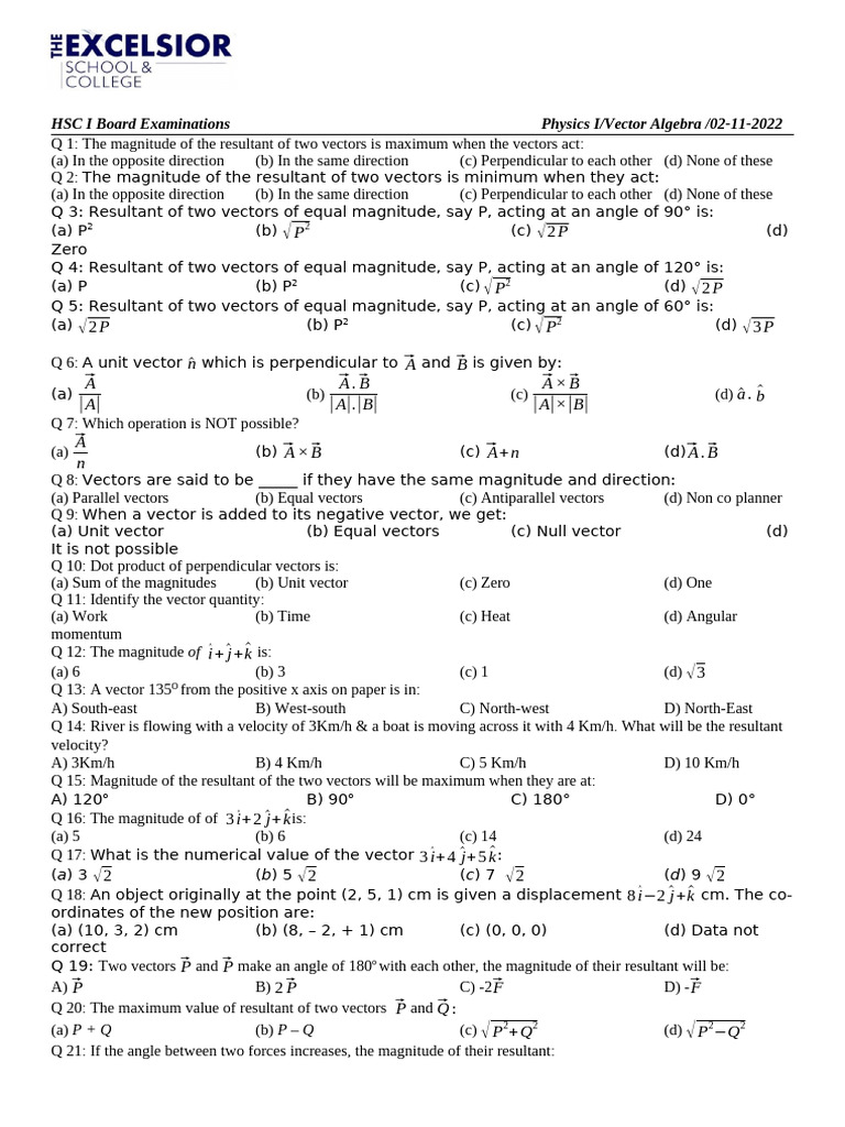 HSC Physics Vector Algebra Exam Questions | PDF | Euclidean Vector | Angle