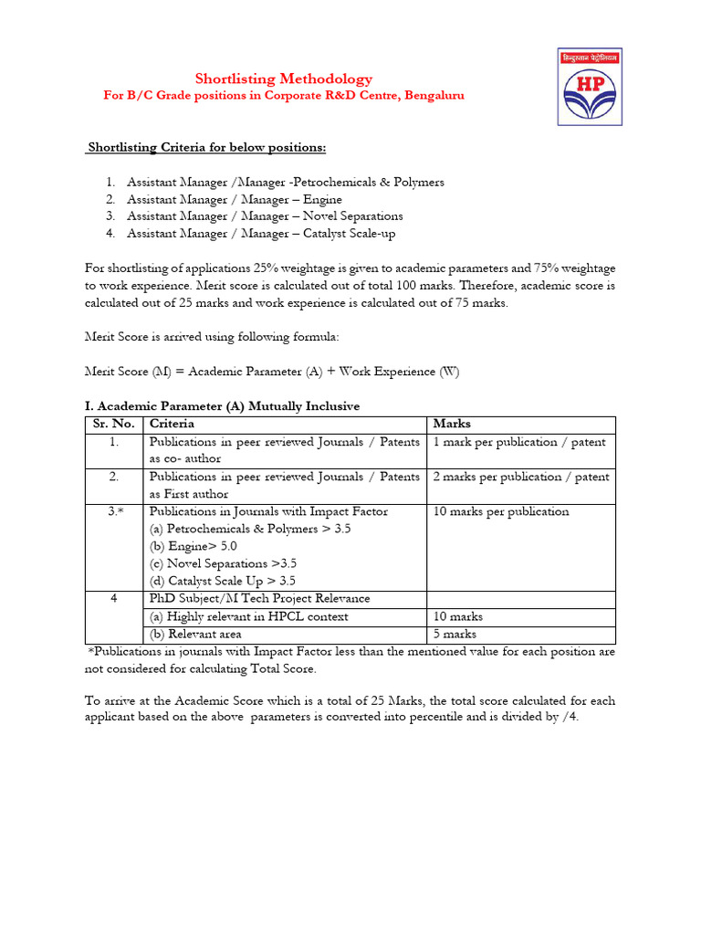 Shortlisting Methodology B C Grade 20072022 | PDF
