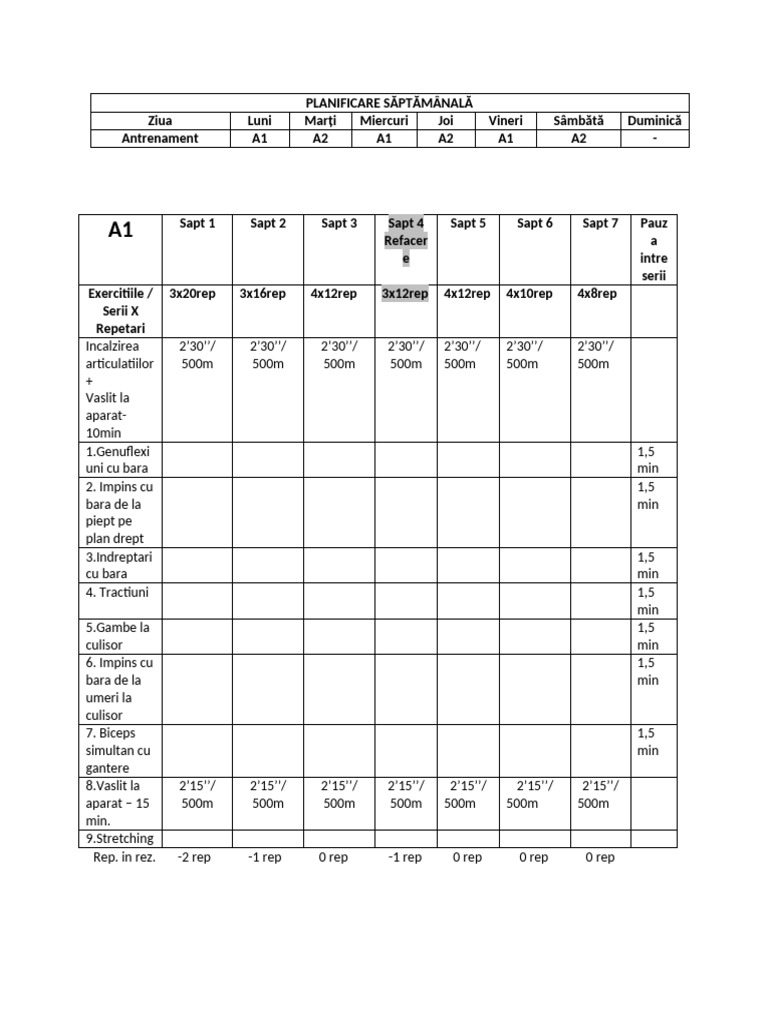 Planificare Săptămânală Antrenament Fitness | PDF